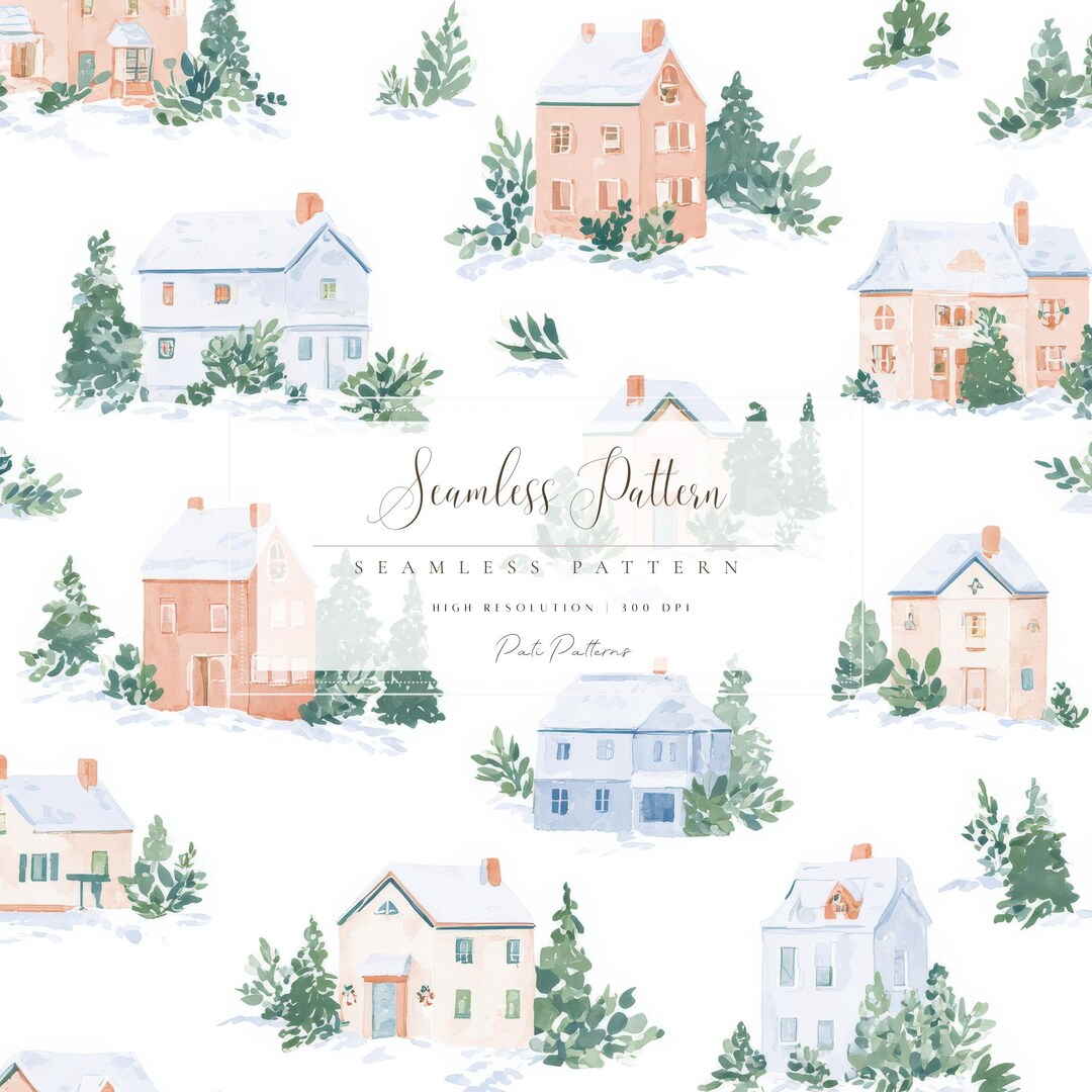 Watercolor Winter Village Seamless Pattern, Cozy Christmas Houses ...