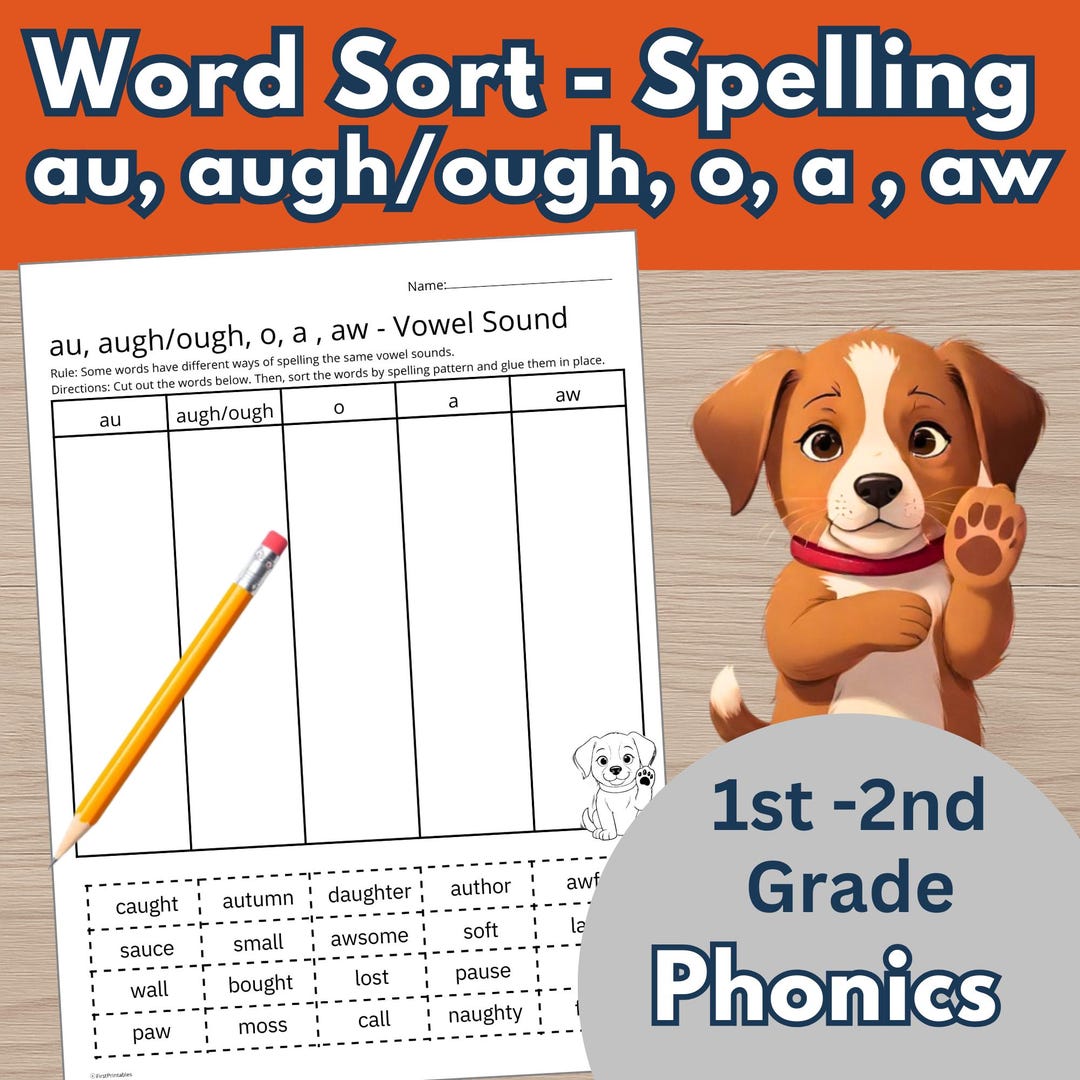 1st Grade 2nd Grade Phonics Worksheets Au Aw Augh Sounds Word Sort ...