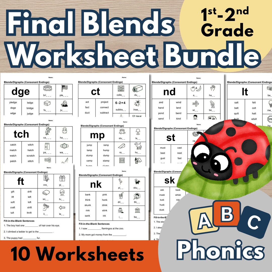 1st-2nd Grade Final Blends Phonics Worksheets Bundle (PDF Format) - Etsy
