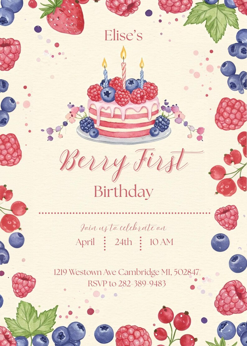 Personalized Berry First Birthday Invitation - Fruit-themed ...