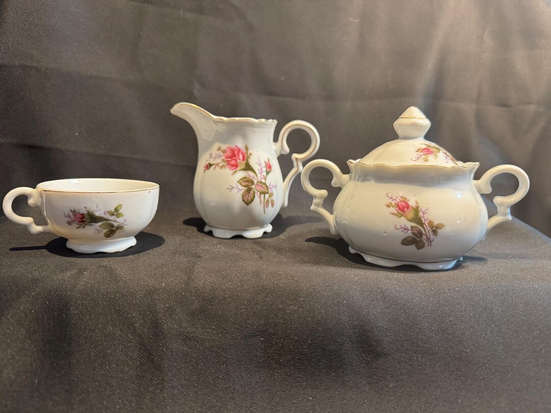 3 Piece Vintage Moss Rose Japan Tea Set: Sugar Dish With Lid, Cream ...