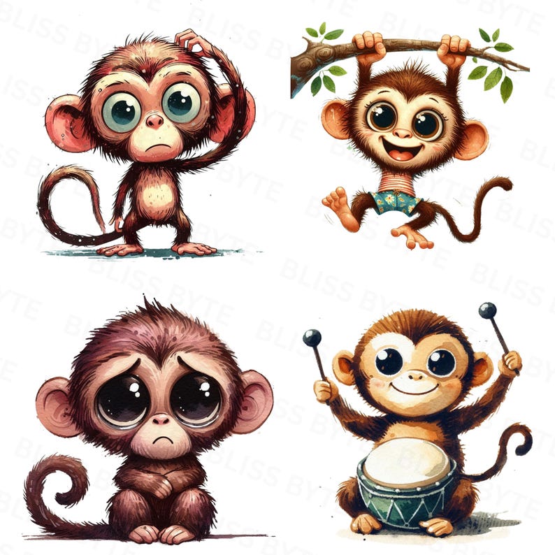 32 Watercolor Funny Monkey PNG Clipart | Cute Jungle Monkeys in Silly ...