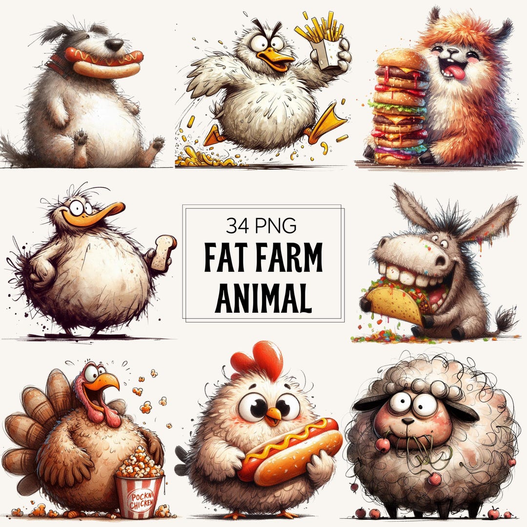 Funny Fat Farm Animals Clipart PNG Bundle: Watercolor Quirky ...