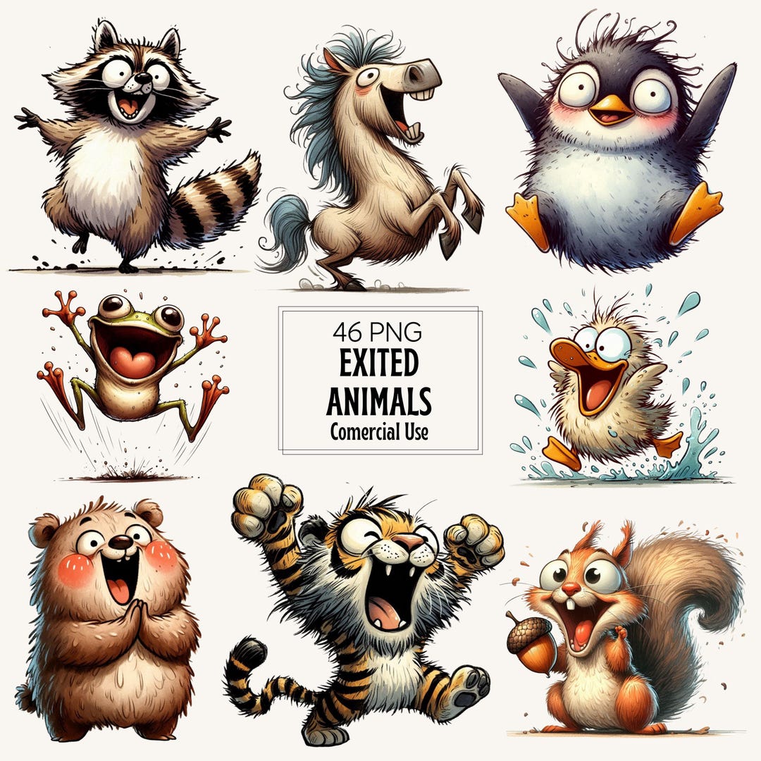 Excited Animals Clipart: Watercolor Cartoon Pngs (commercial Use ...