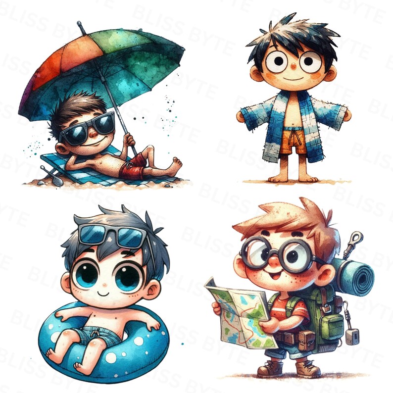 Quirky Summer Boy Pngs Clipart – 19 Watercolor Summer Clipart ...