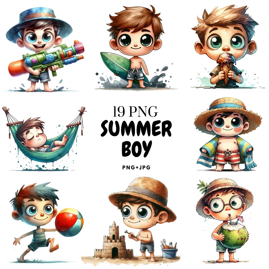Quirky Summer Boy Pngs Clipart – 19 Watercolor Summer Clipart ...