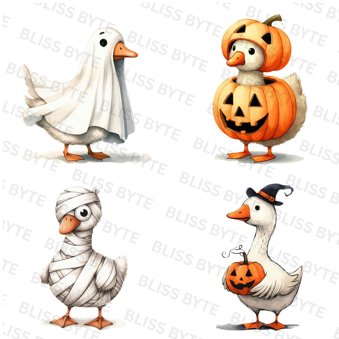20 Spooky Cute Goose Halloween PNG Clipart | Watercolor Ghost Goose ...