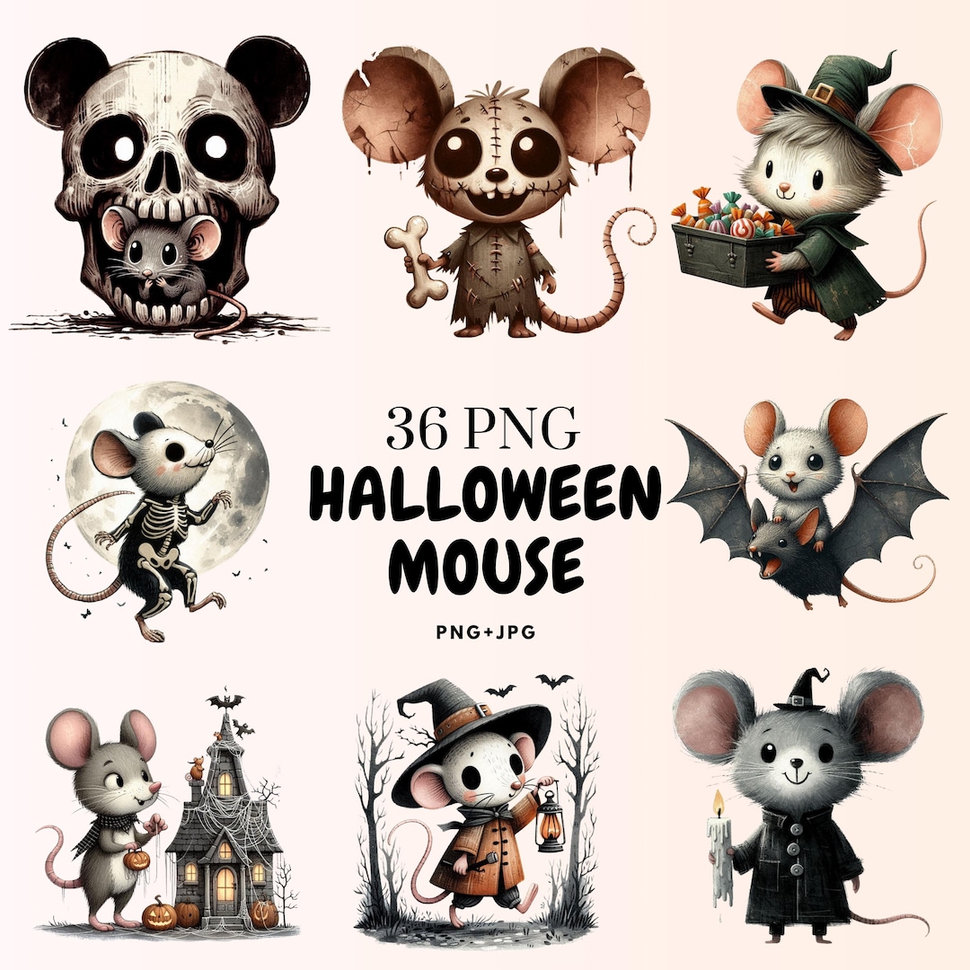 36 Spooky Cute Mouse Clipart PNG & Jpgs | Watercolor Halloween Rat ...