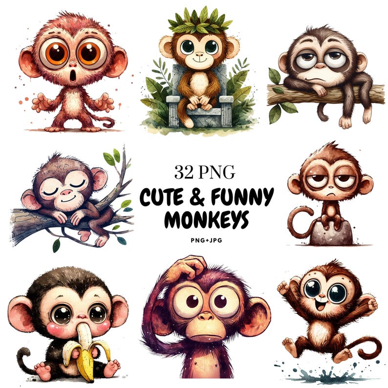 32 Watercolor Funny Monkey PNG Clipart | Cute Jungle Monkeys in Silly ...