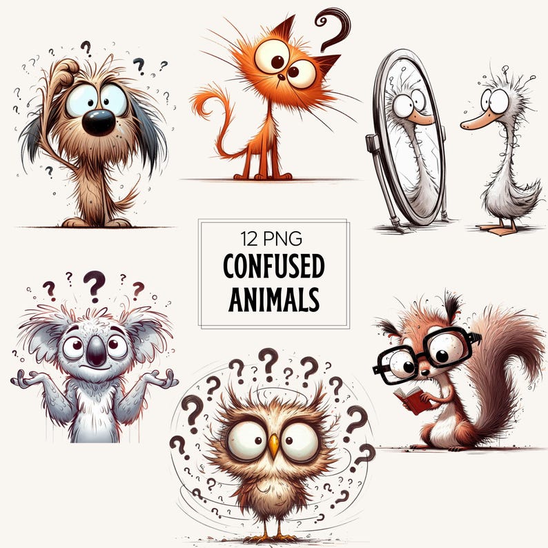 Funny Confused Animals Clipart: Watercolor Reaction Stickers (digital ...