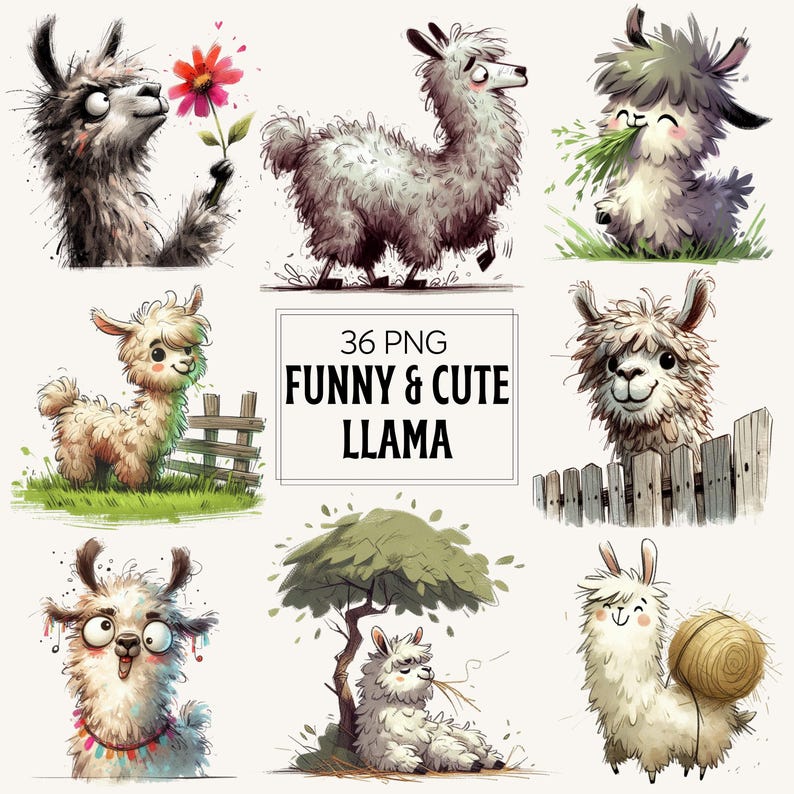 36 Llama Clipart Bundle: Funny Farm Animal PNG & JPG Designs - Etsy