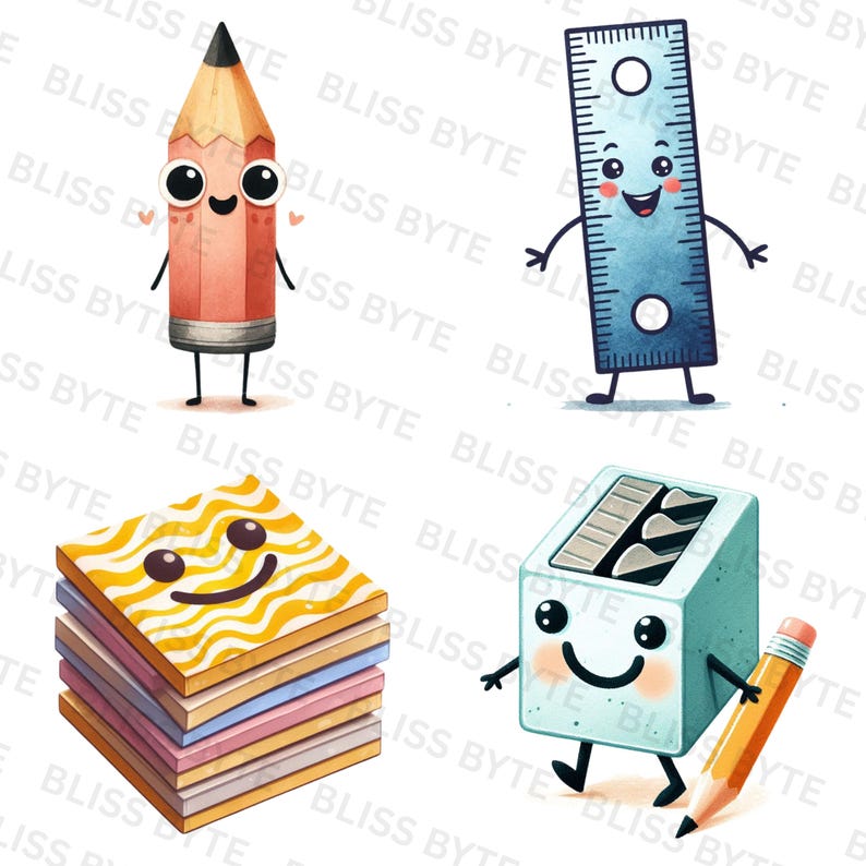 Watercolor School Doodles PNG Clipart: Back to School Graphics (digital ...