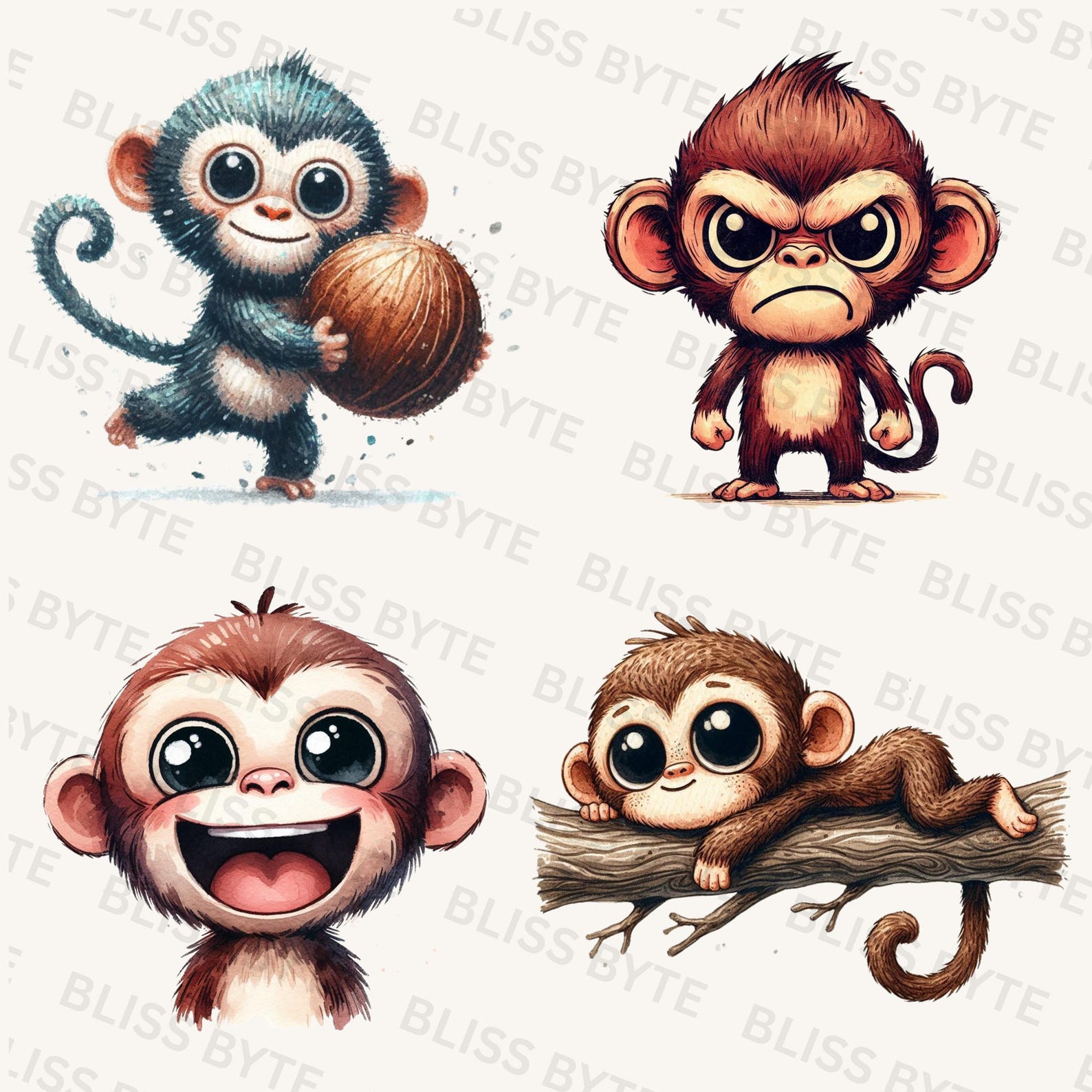 Watercolor Monkey Clipart: Funny Jungle Animals for Nursery Art (PNG ...