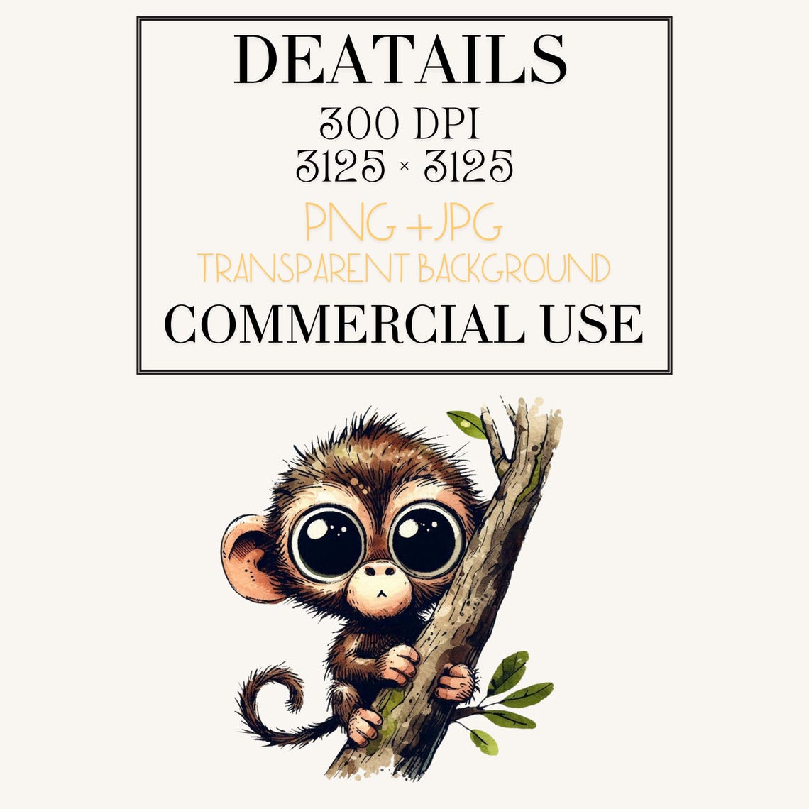 Watercolor Monkey Clipart: Funny Jungle Animals for Nursery Art (PNG ...
