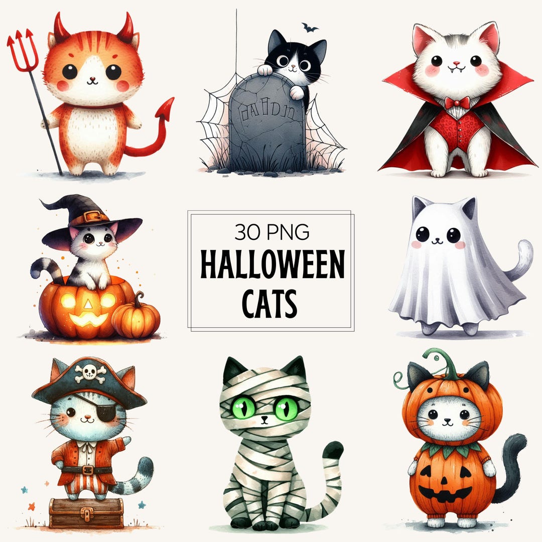 Watercolor Halloween Cat Clipart | Spooky Black Cats PNG (digital ...
