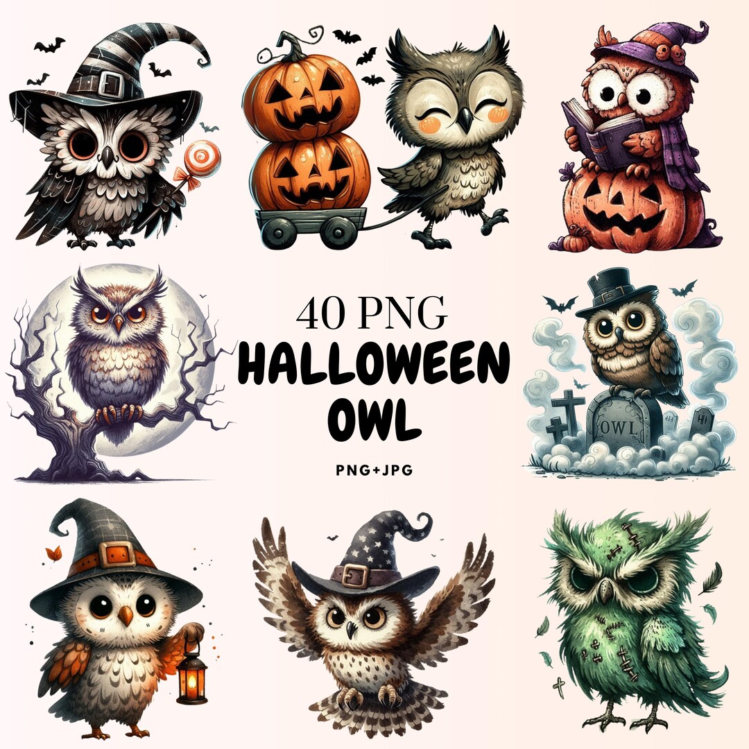 40 Spooky Cute Owl Clipart PNG & Jpgs | Watercolor Halloween Owl, Witch ...