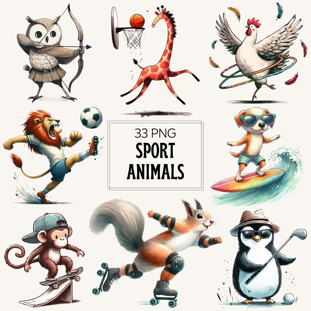 Watercolor Sport Animals Clipart | 33 Pngs for Kids (digital Download ...