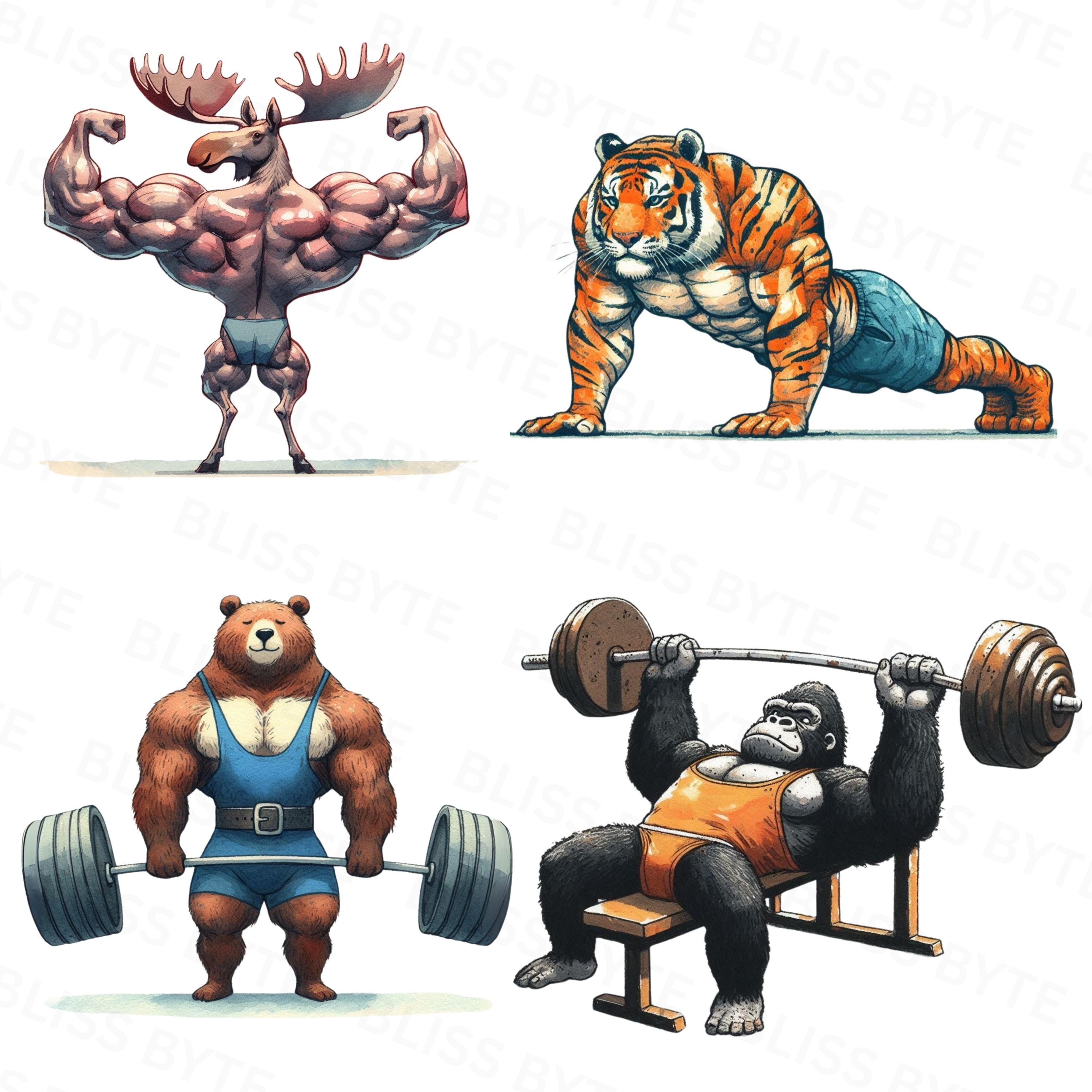20 Watercolor Bodybuilder Animals Pngs Clipart – Gym Animals Clipart ...