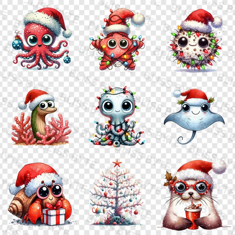 Funny Sea Creature Clipart Bundle: Watercolor Christmas Pngs (digital ...