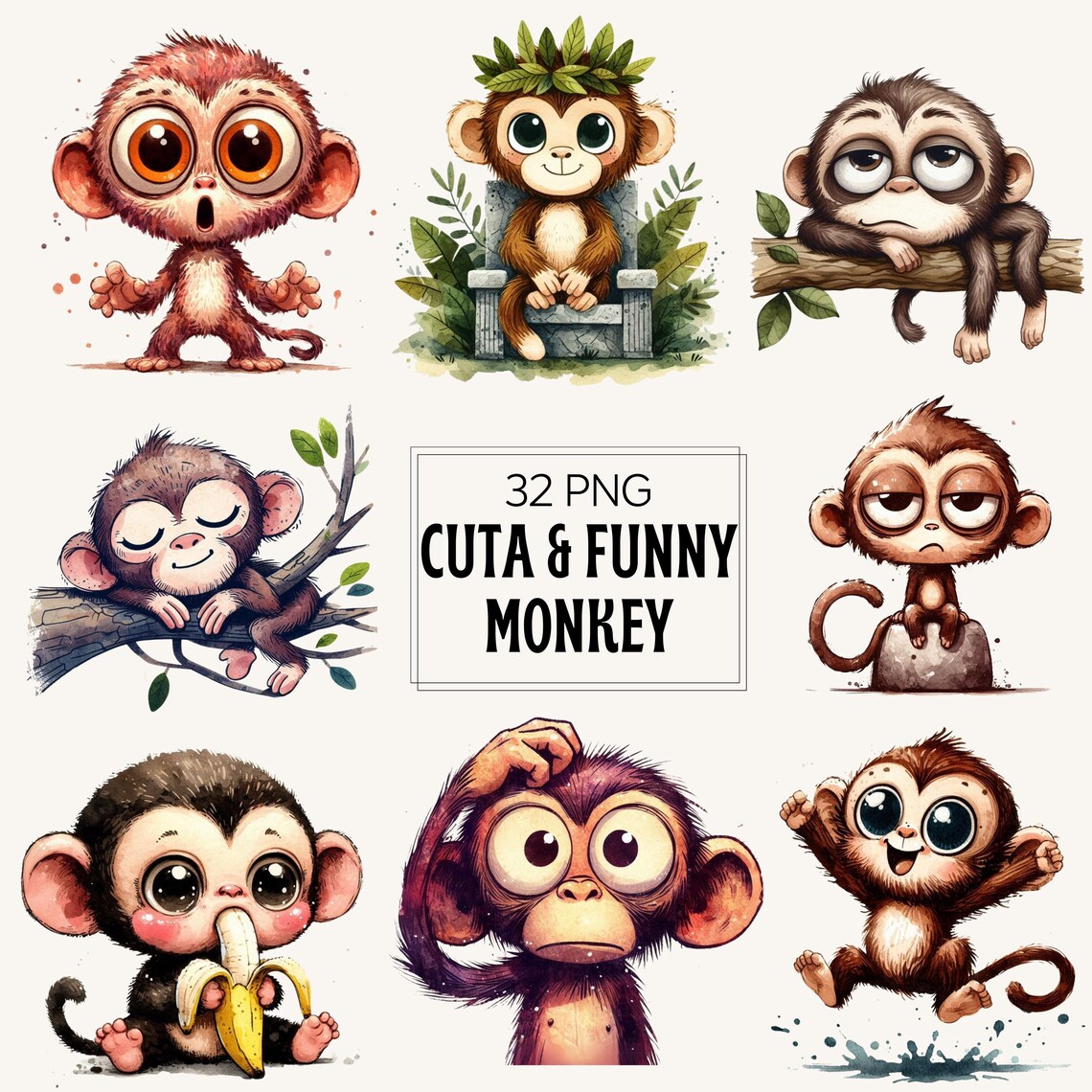 Watercolor Monkey Clipart: Funny Jungle Animals for Nursery Art (PNG ...