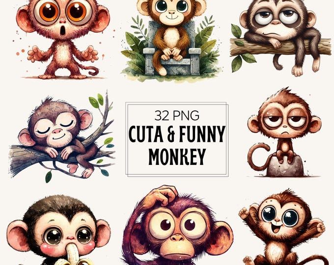 Funny Monkey Faces Clipart: 34 Watercolor PNG Bundle (commercial Use ...