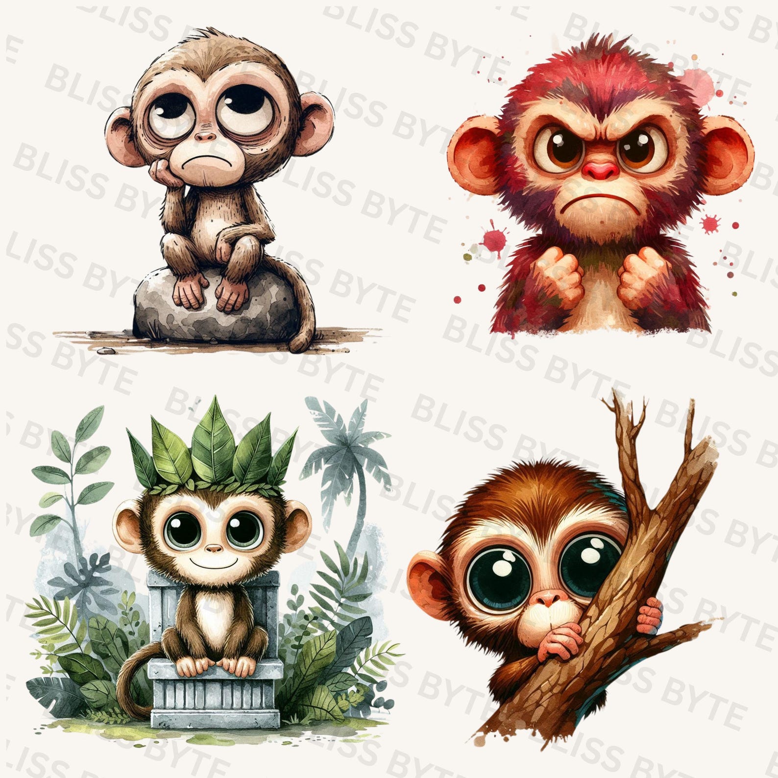 Watercolor Monkey Clipart: Funny Jungle Animals for Nursery Art (PNG ...