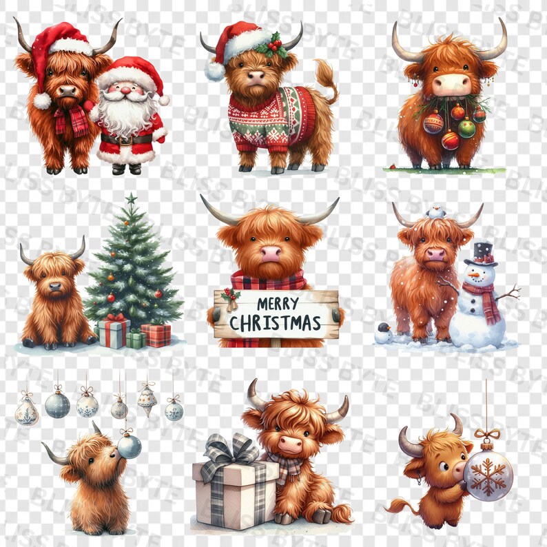 Christmas Highland Cow Clipart: Winter Nursery Art (PNG, JPG Digital ...