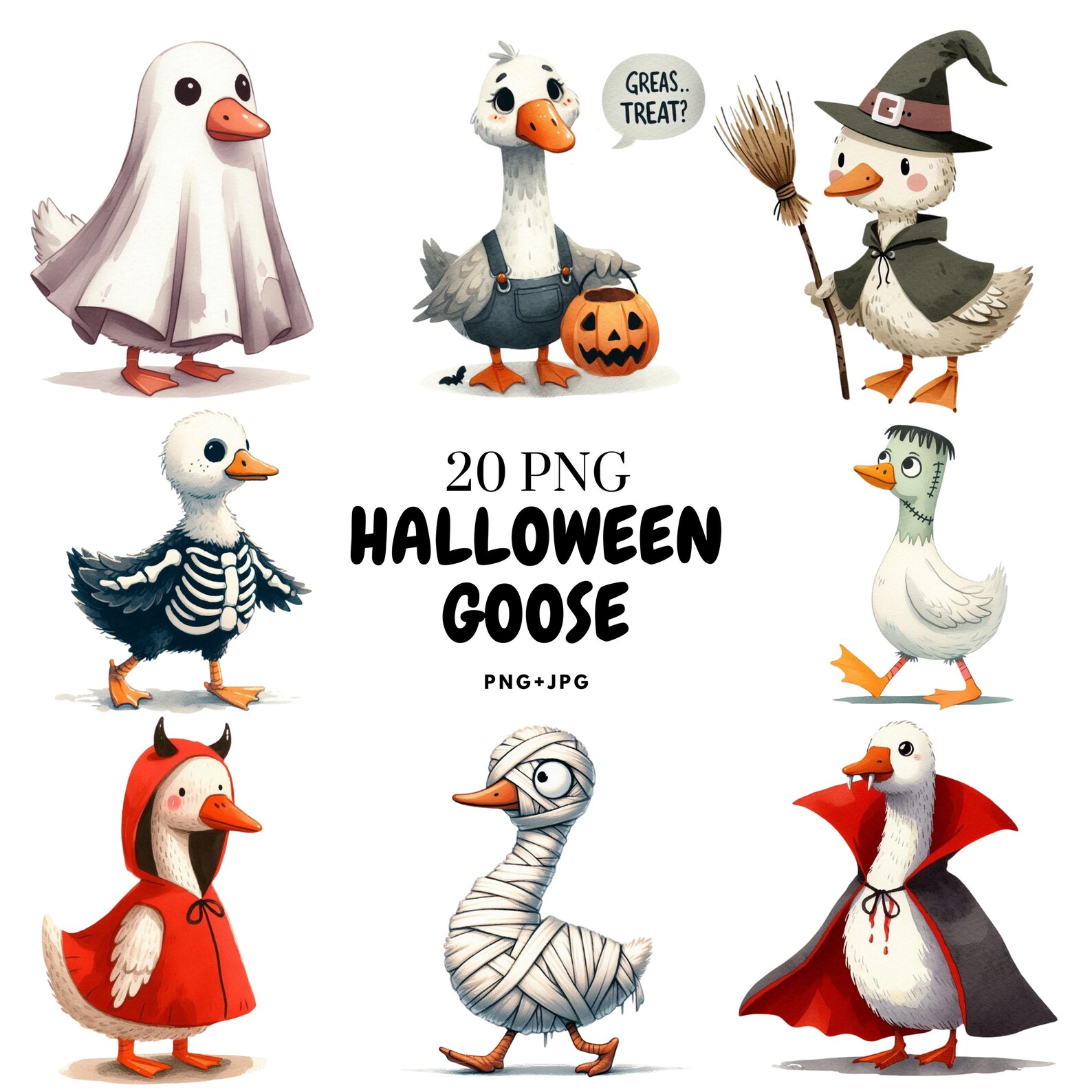 20 Spooky Cute Goose Halloween PNG Clipart | Watercolor Ghost Goose ...