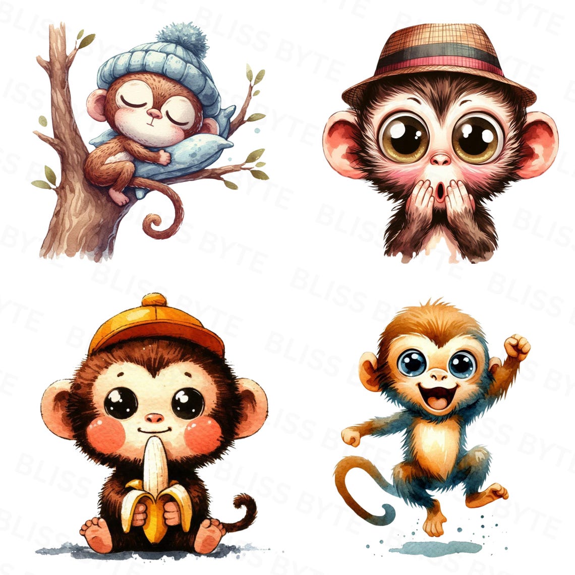 32 Watercolor Funny Monkey PNG Clipart | Cute Jungle Monkeys in Silly ...