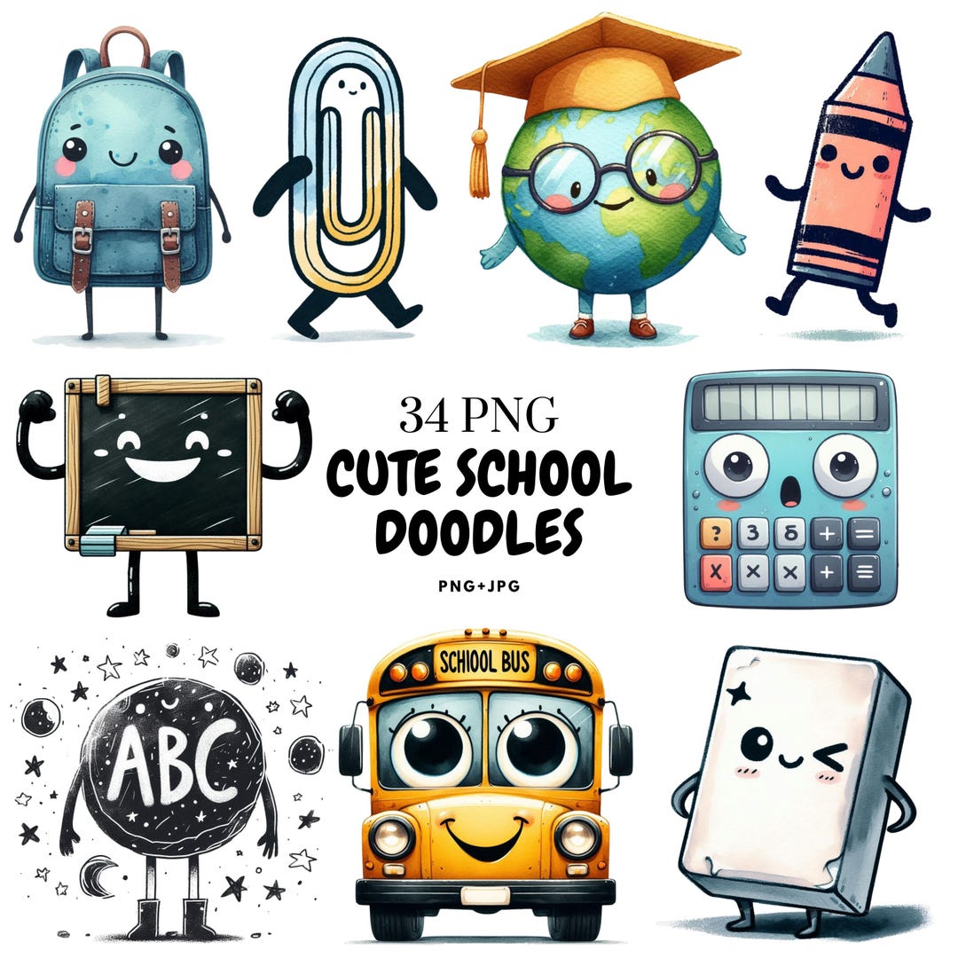 Watercolor School Doodles PNG Clipart: Back to School Graphics (digital ...