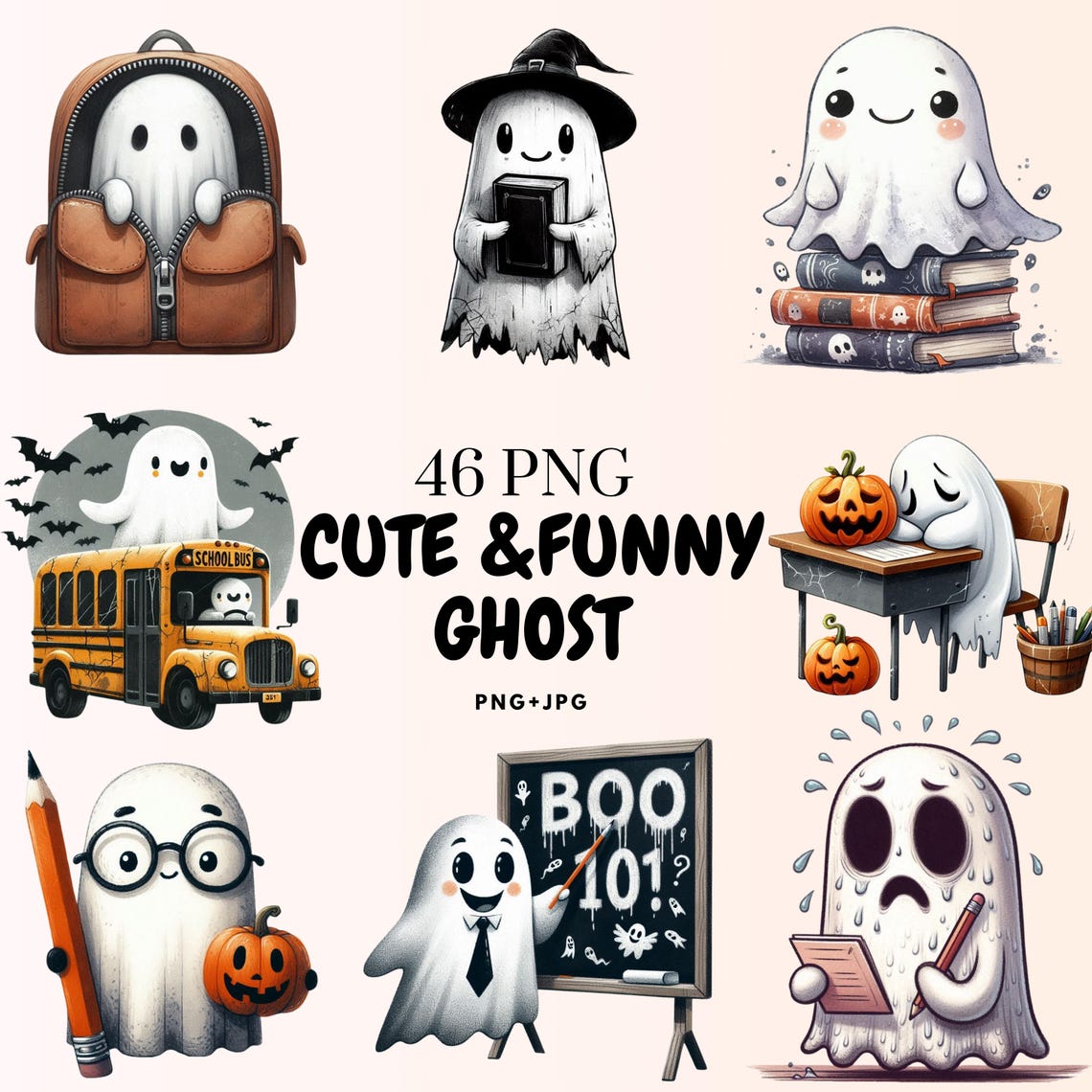 Funny Halloween Ghost Clipart: Watercolor Back to School PNG JPG ...