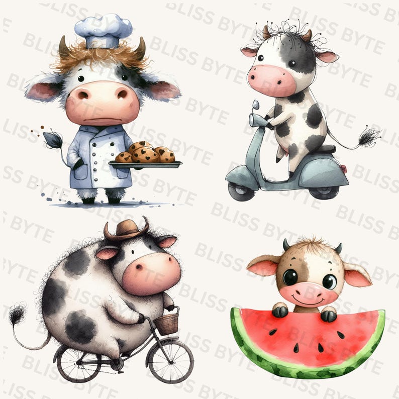 Watercolor Cow Animal Clipart: Quirky PNG Set (digital Download) - Etsy