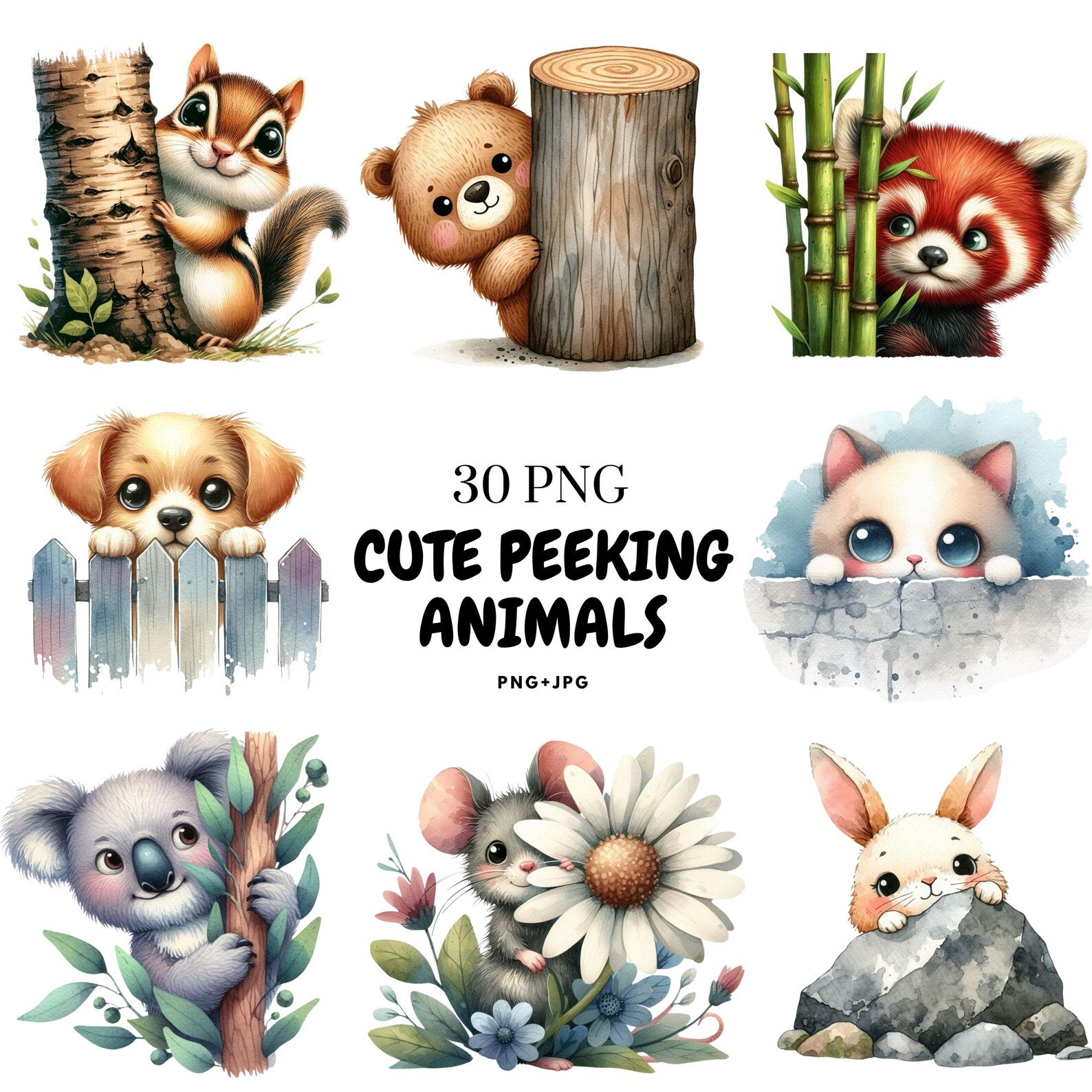 Watercolor Peeking Animals Clipart: Nursery Decor PNG (digital Download ...