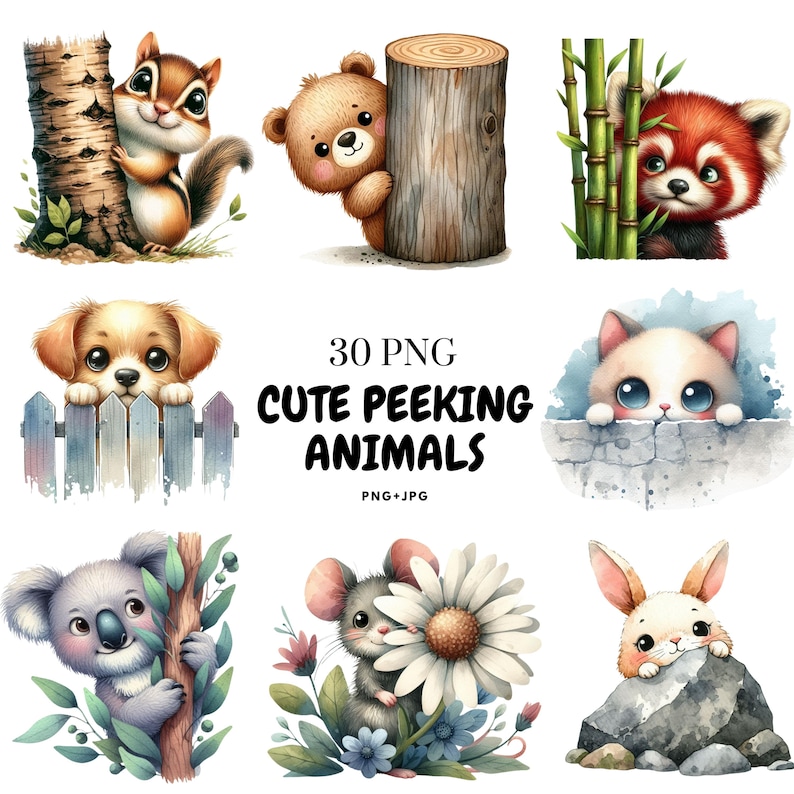30 Watercolor Peeking Animals Pngs – Cute & Funny Safari Animal Clipart ...