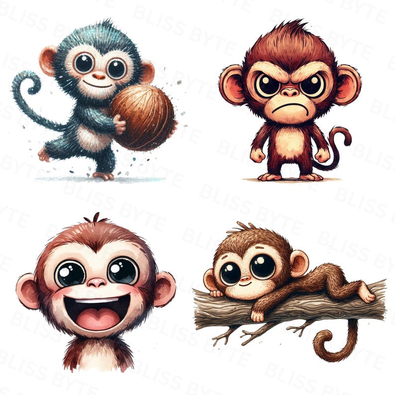 32 Watercolor Funny Monkey PNG Clipart | Cute Jungle Monkeys in Silly ...
