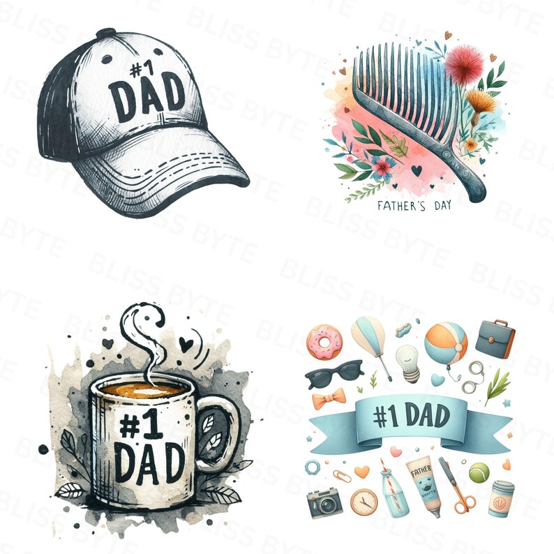 Watercolor Father's Day Clipart: Dad & Kid PNG Set (digital Download ...