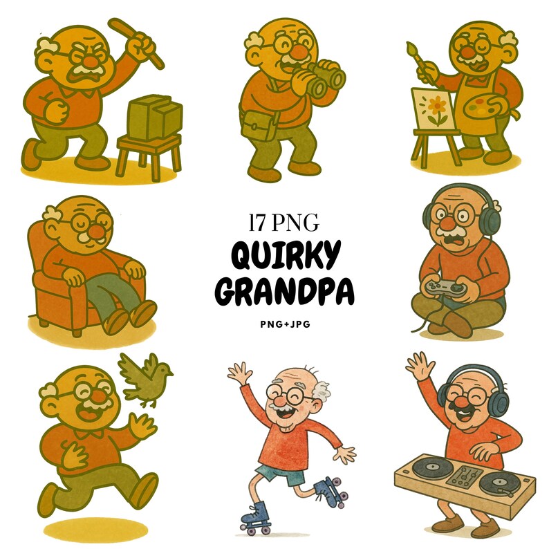 17 Watercolor Quirky Grandpa PNG Clipart | Funny Grandfather Graphics ...