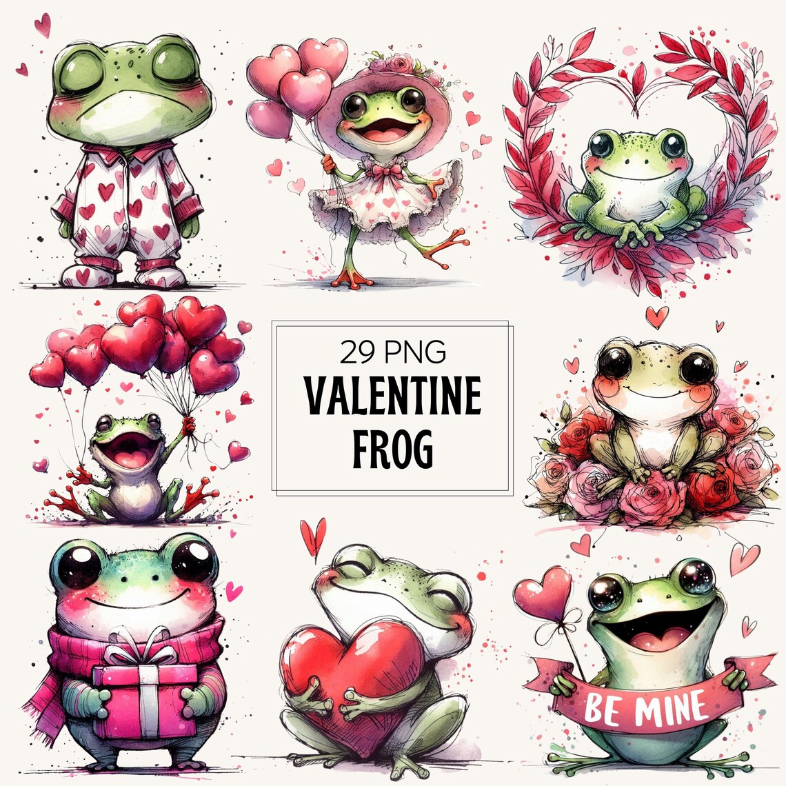 Valentine Frog Clipart Bundle: Love Letters, Hearts (PNG, JPG Digital ...