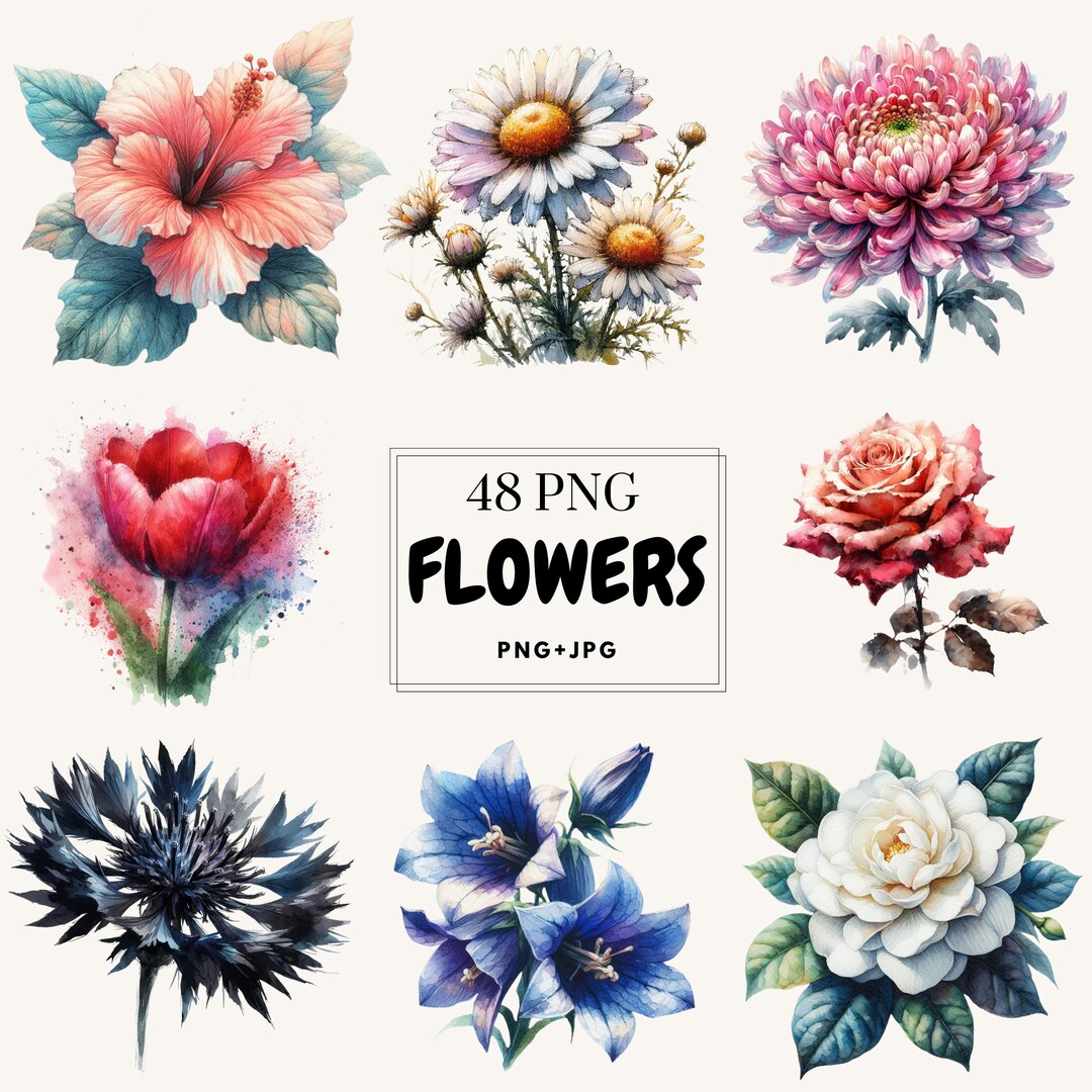 Watercolor Flowers Clipart Bundle: 48 PNG & JPG Images (commercial Use ...