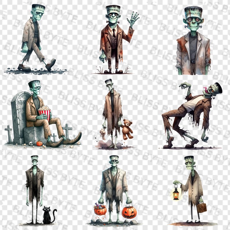 Watercolor Quirky Frankenstein Clipart Bundle: Frankenstein Stickers ...