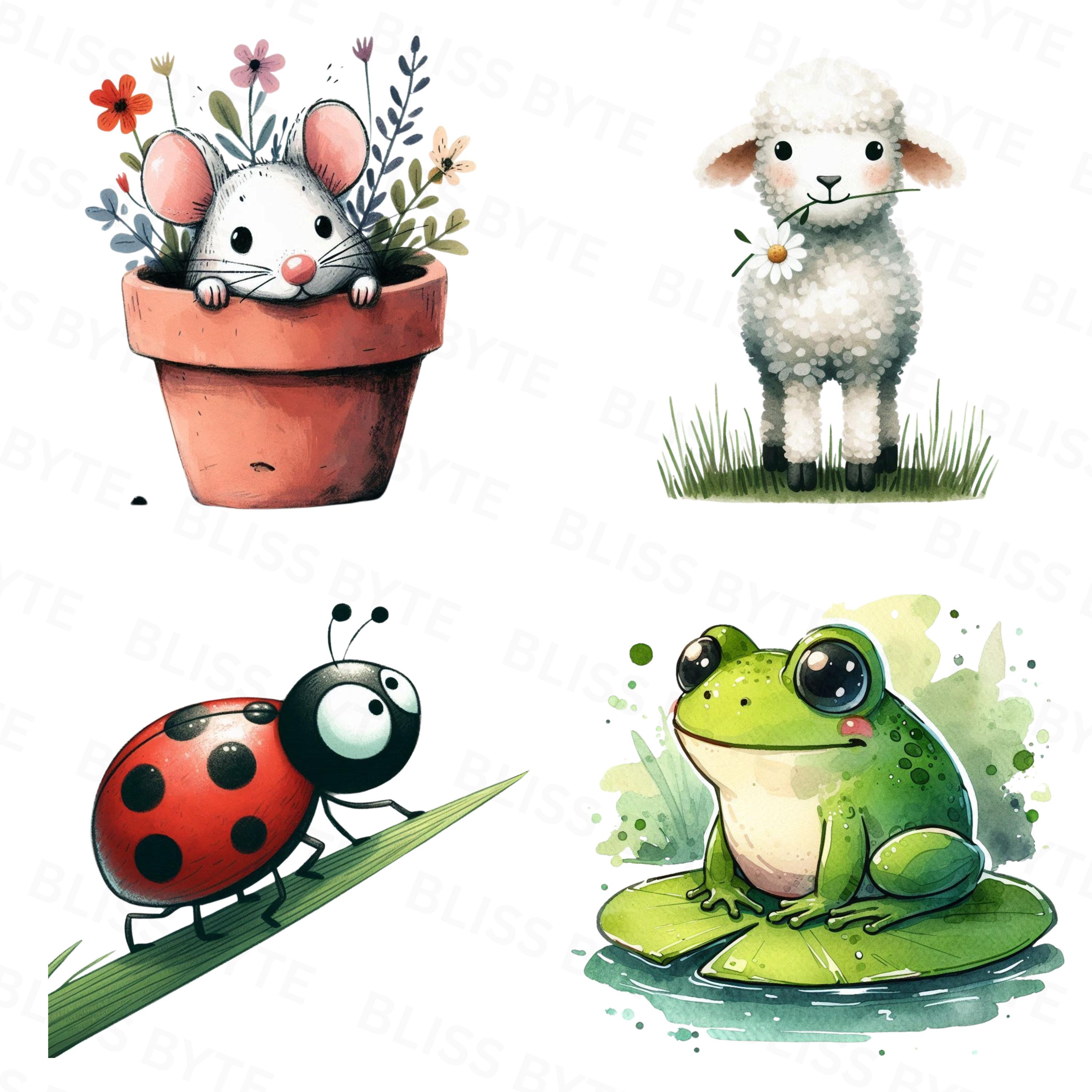 Watercolor Spring Animal Clipart: Bunny, Lamb, Duck (PNG Digital ...