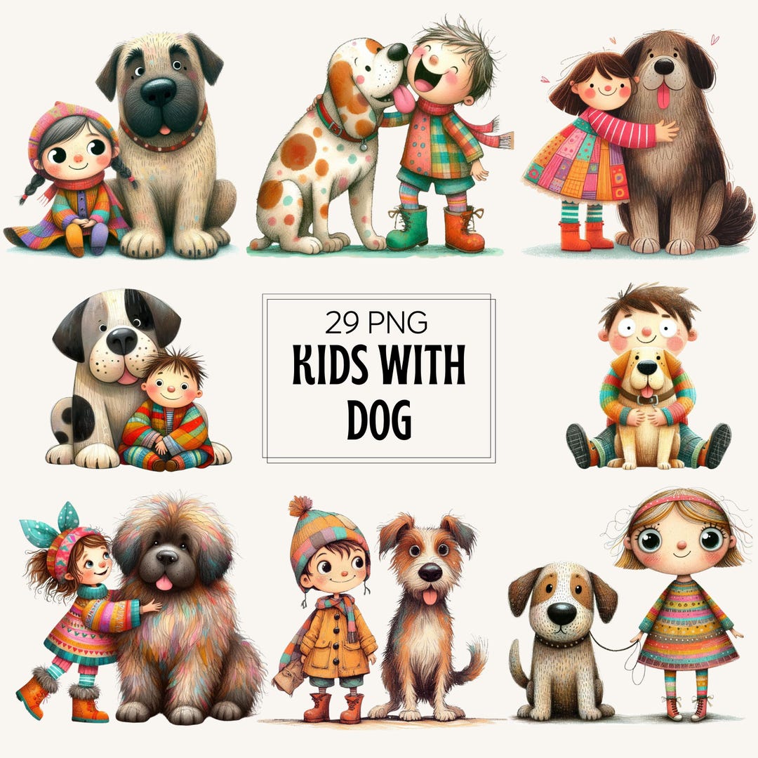 Dog and Kid Friends Clipart: Whimsical Friendship PNG (digital Download ...