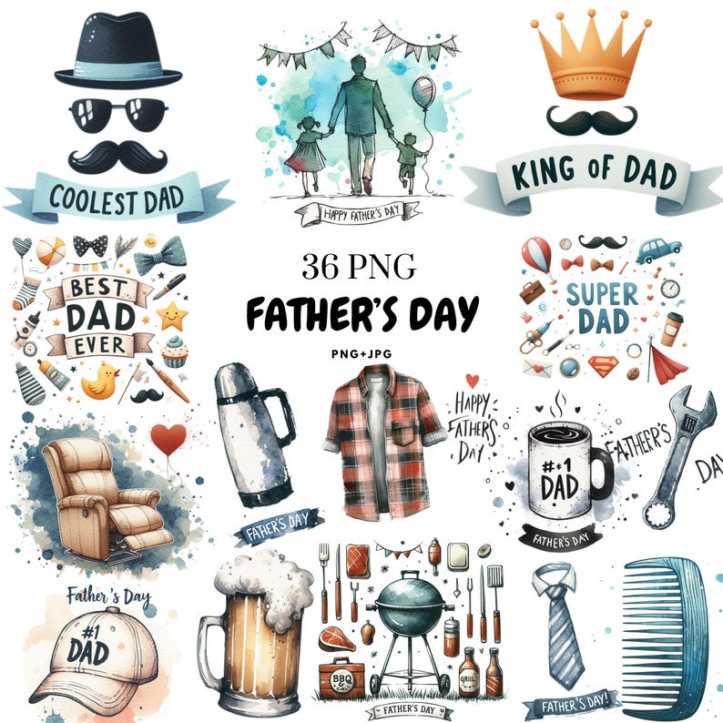 Watercolor Father's Day Clipart: Dad & Kid PNG Set (digital Download ...