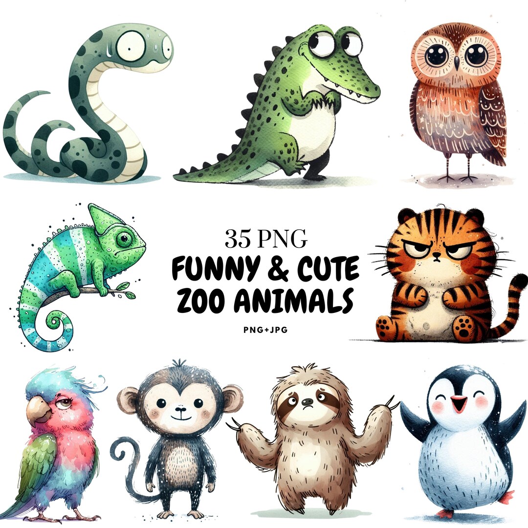 35 Watercolor Zoo Animals PNG Clipart | Cute Jungle Safari Baby Animals ...