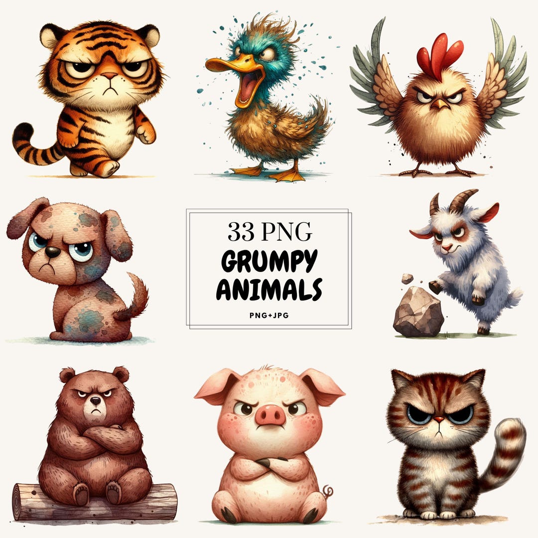 Watercolor Grumpy Animals PNG Clipart: Funny Moody Faces (digital ...