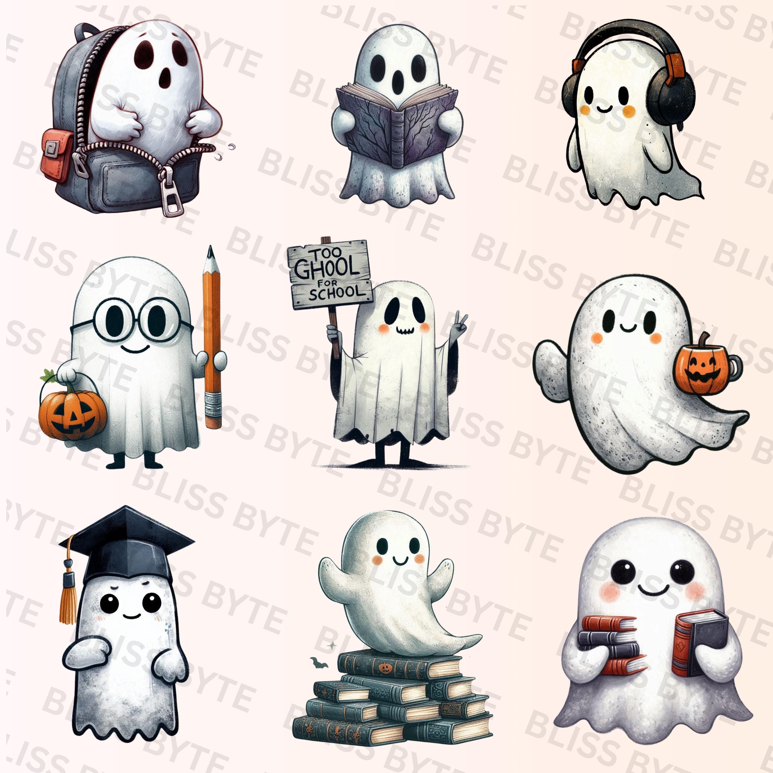Funny Halloween Ghost Clipart: Watercolor Back to School PNG JPG ...