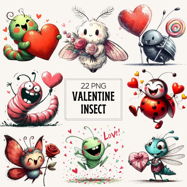 Valentine Insects Clipart Set – Adorable Love-themed PNG Collection - Etsy