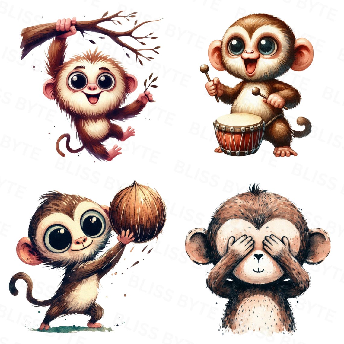 32 Watercolor Funny Monkey PNG Clipart | Cute Jungle Monkeys in Silly ...