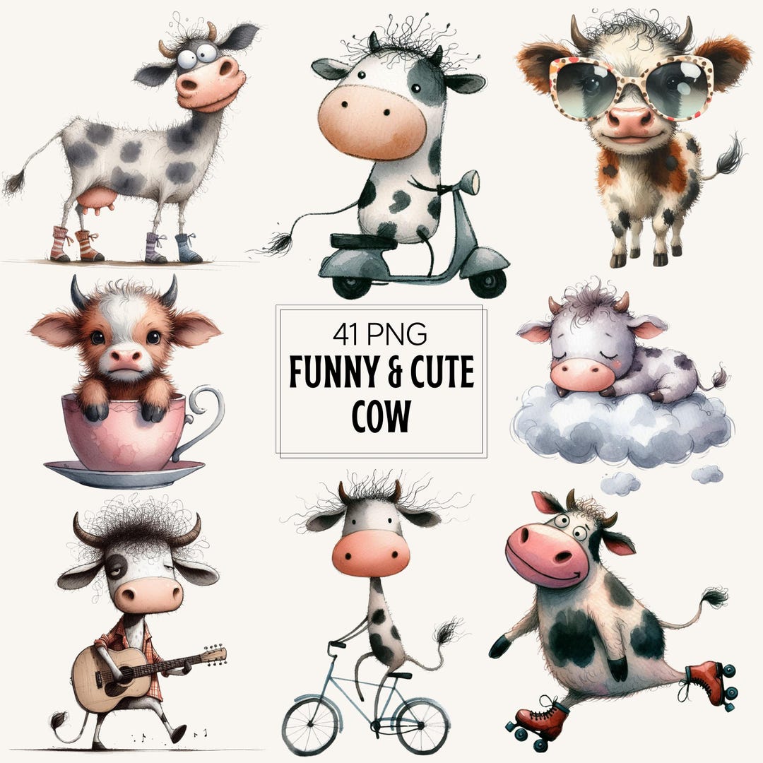 Watercolor Cow Animal Clipart: Quirky PNG Set (digital Download) - Etsy