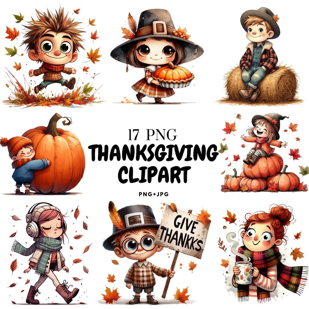 17 Cute Thanksgiving PNG Clipart | Funny Watercolor Turkeys, Food, and ...